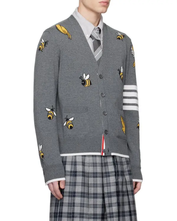 Thom Browne 4-bar Striped Buttoned Cardigan - Medium Gray