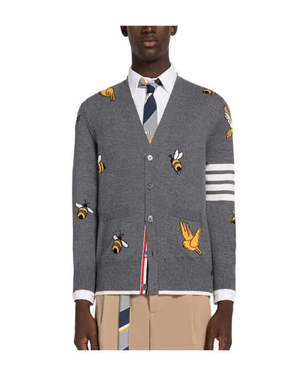 Thom Browne 4-bar Striped Buttoned Cardigan - Medium Gray