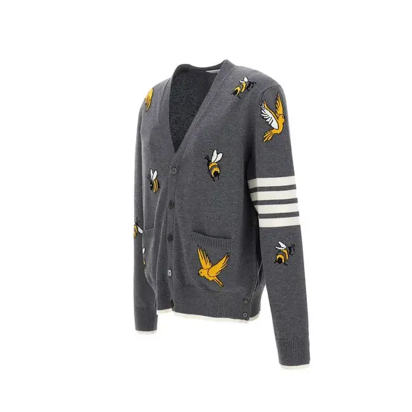 Thom Browne 4-bar Striped Buttoned Cardigan - Medium Grey