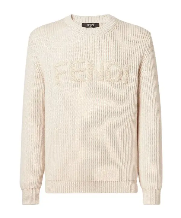 Fendi Fisherman's Rib Knit Crewneck Jumper With Embroidered Lettering - White
