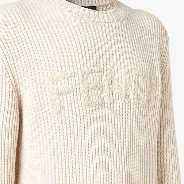 Fendi Fisherman's Rib Knit Crewneck Jumper With Embroidered Lettering - White