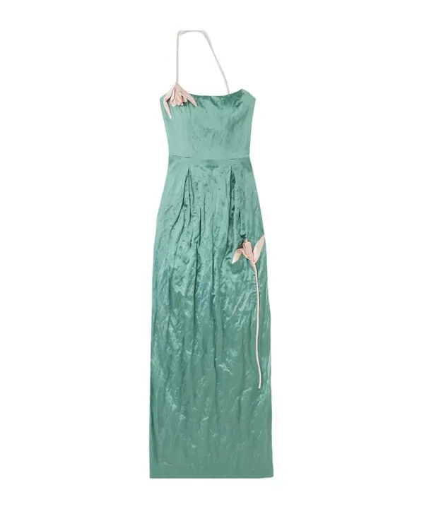 Erdem One-shoulder Beaded Appliqué Pleated Dress - Nile Green