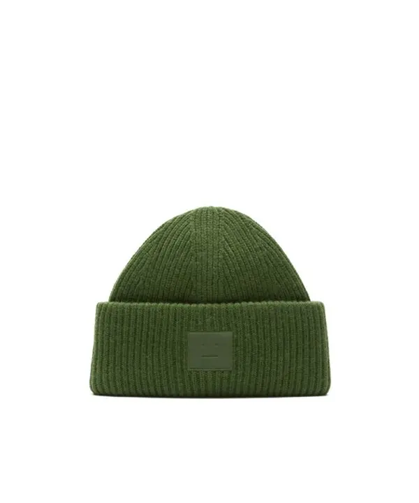 Acne Studios Ribbed Beanie With Face Logo Patch - Bottle Of Green
