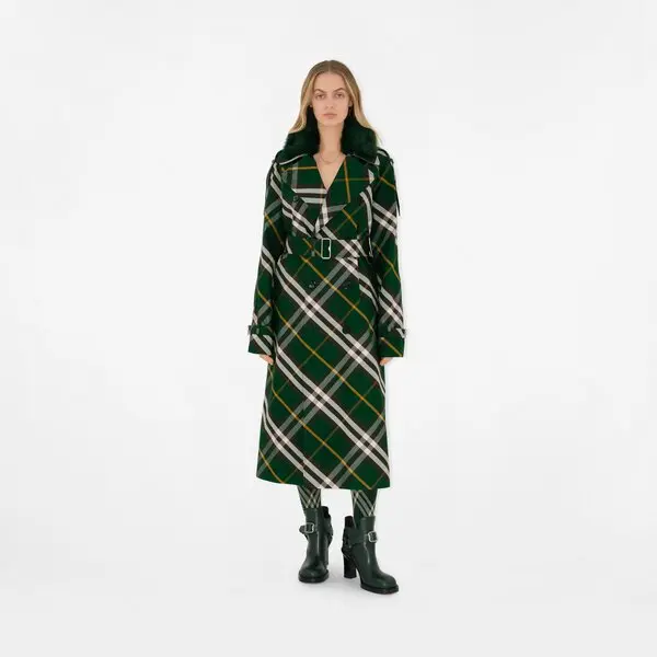 Burberry Checked Double-breasted Belted Trench Coat - Black