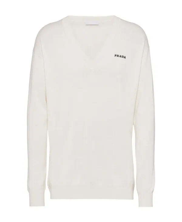 Prada Long Sleeve V-neck Jumper - White