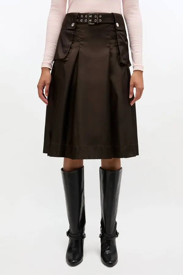 GANNI Duchesse Pleated Belted Skirt - Black