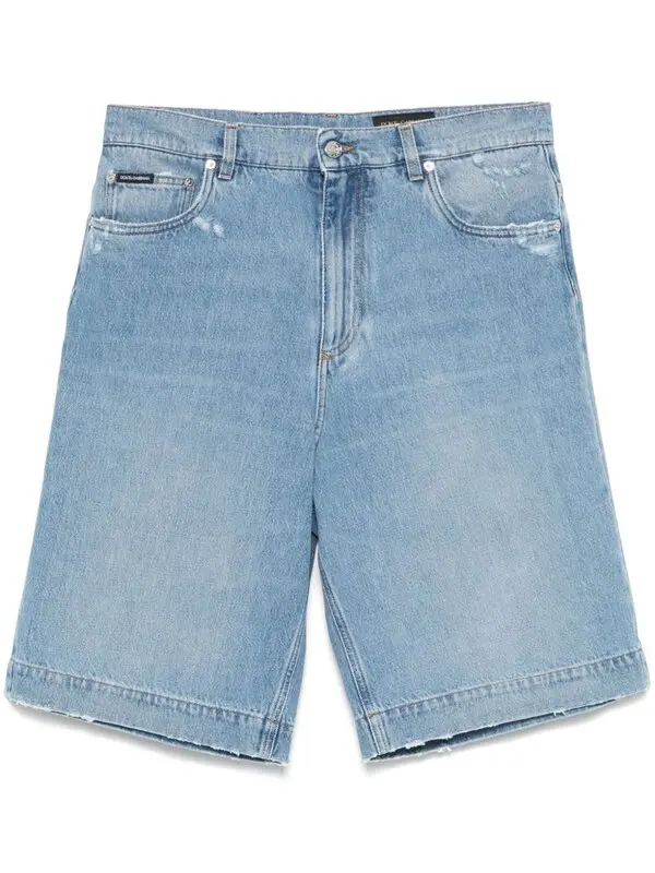 Dolce & Gabbana Distressed Logo Plaque Denim Shorts - Blue