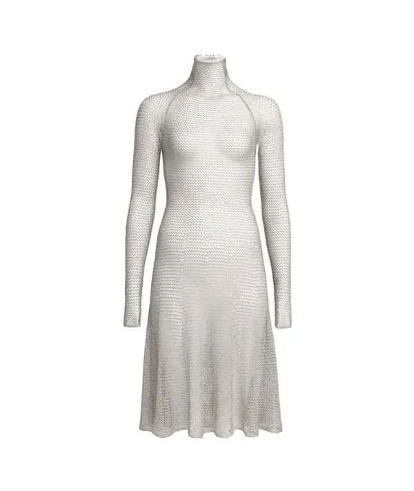 Alaïa Mesh Knit High Neck Long Sleeve Knee Length Dress