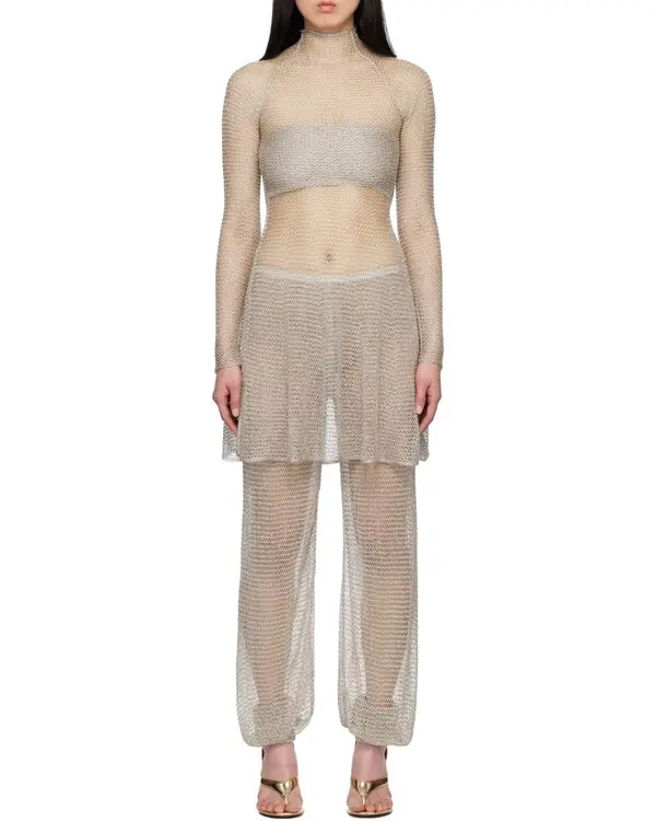 Alaïa Mesh Knit High Neck Long Sleeve Knee Length Dress