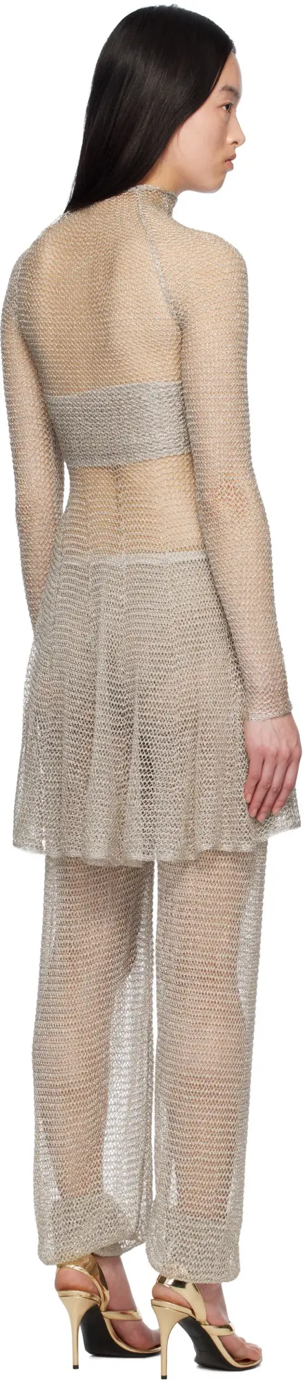 Alaïa Mesh Knit High Neck Long Sleeve Knee Length Dress