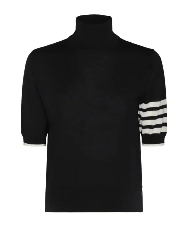 Thom Browne High Neck Short Sleeve Knitted Jumper With Striped Detail - Black