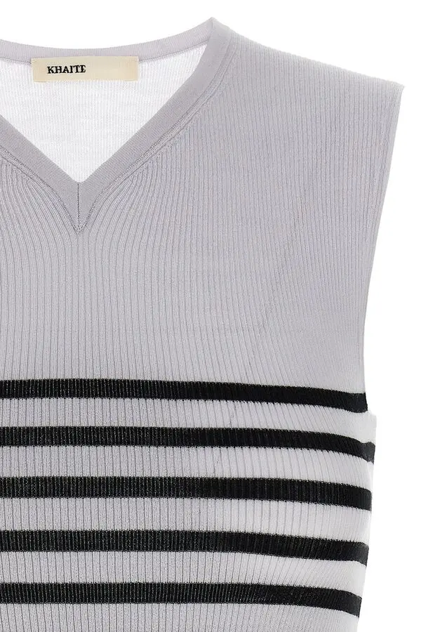 Khaite Striped V-neck Knit Tank Top - Gray