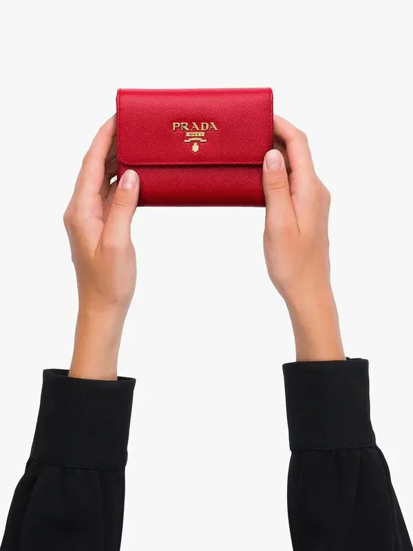 Prada Logo Plaque Tri-fold Wallet - Red