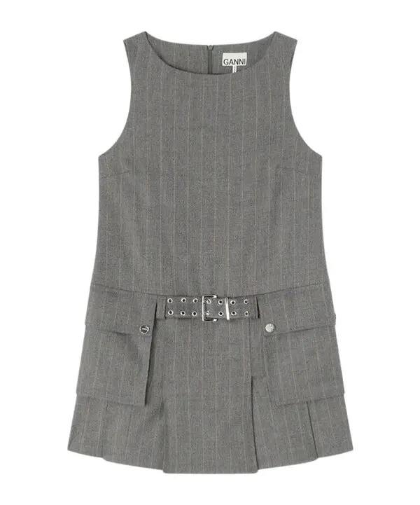 GANNI Striped Belted Wool Blend Mini Dress