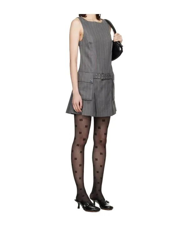 GANNI Striped Belted Wool Blend Mini Dress