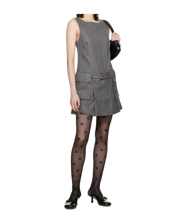 GANNI Striped Belted Wool Blend Mini Dress