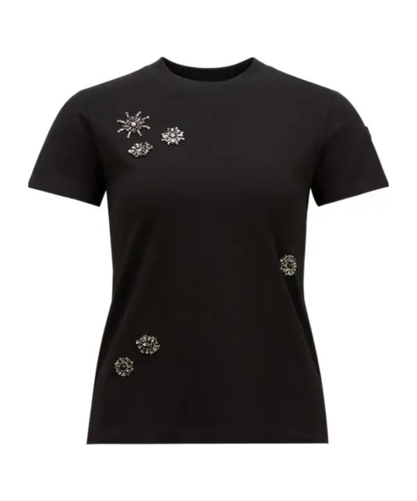 Moncler Crystal Flowers Cotton T-shirt - Black