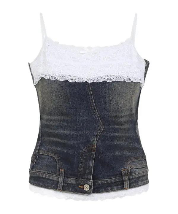 Balenciaga Patched Denim And Lace Tank Top - Black