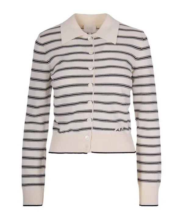 A.p.c. Striped Buttoned Cardigan With Turn-down Collar - Ecru/black