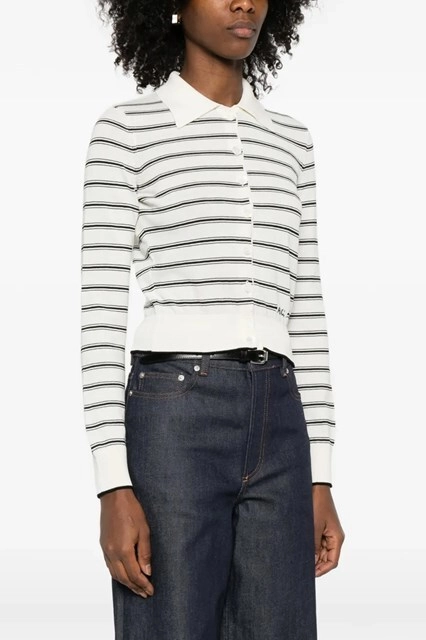 A.p.c. Striped Buttoned Cardigan With Turn-down Collar - Ecru/black