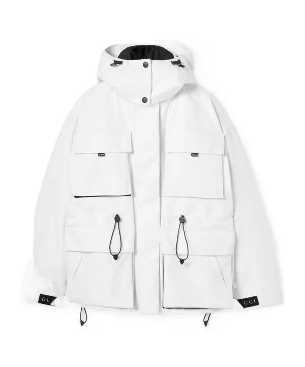Gucci Gg Jacquard Hooded Jacket With Drawstring Accents - White