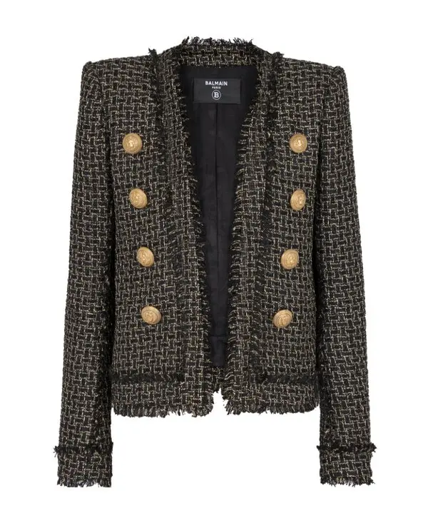Balmain Lurex Tweed Jacket With Gold Lion Head Buttons - Black