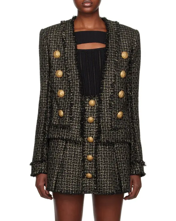 Balmain Lurex Tweed Jacket With Gold Lion Head Buttons - Black