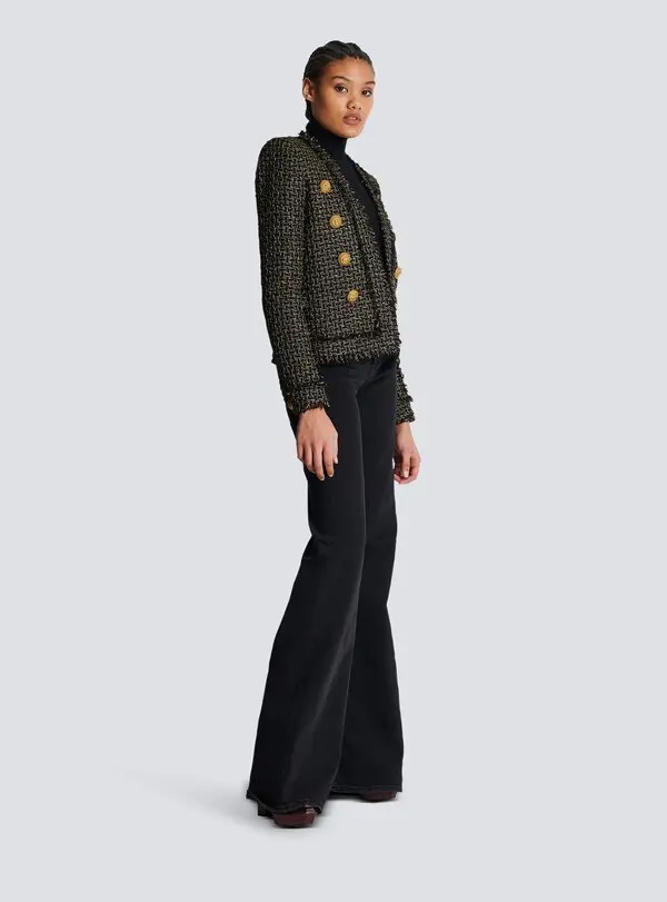 Balmain Lurex Tweed Jacket With Gold Lion Head Buttons - Black