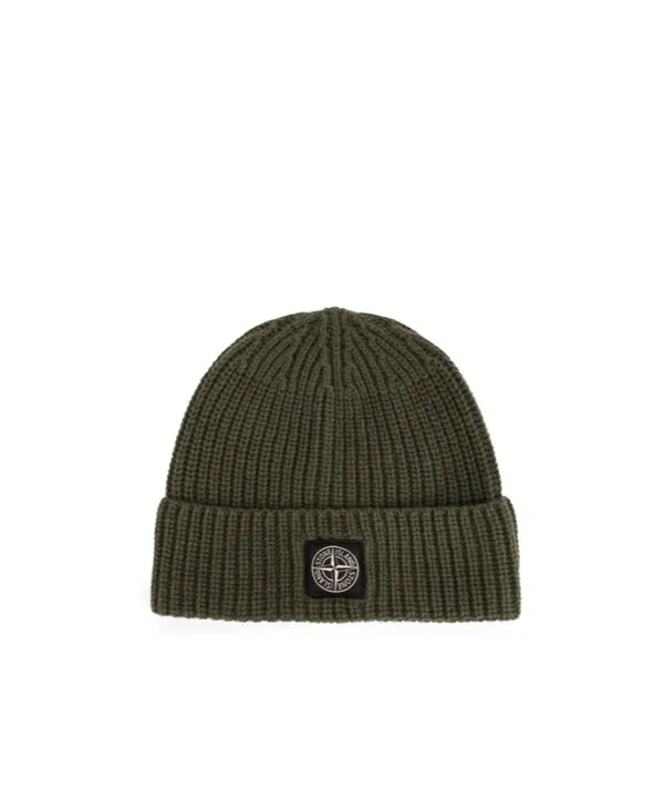 Stone Island Ribbed Knit Beanie With Compass Logo Patch - Black