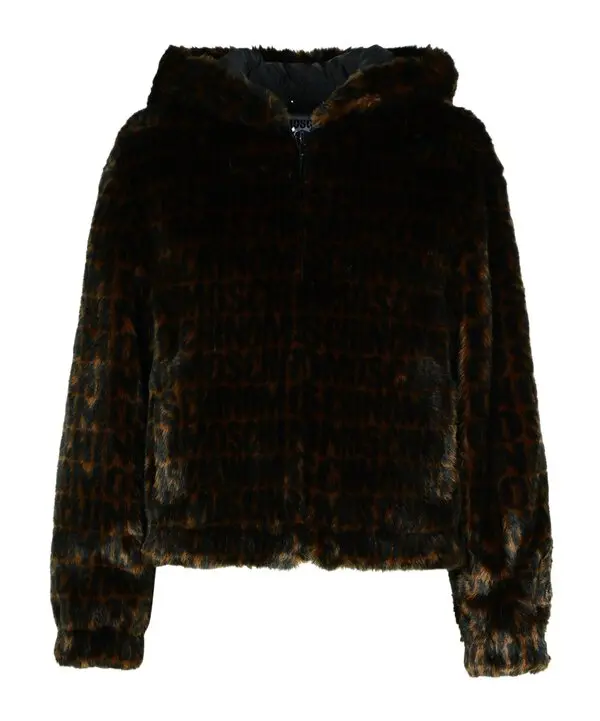 Moschino Zip-up Faux Fur Hooded Coat With Animal Print