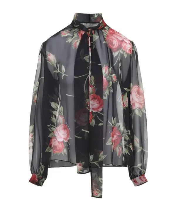 Dolce & Gabbana Rose Bouquet-printed Chiffon Blouse - Black