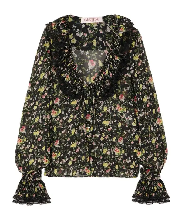 Valentino Garavani Ruffled Floral Print Silk Shirt