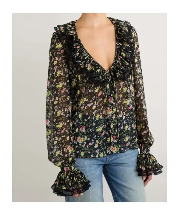 Valentino Garavani Ruffled Floral Print Silk Shirt