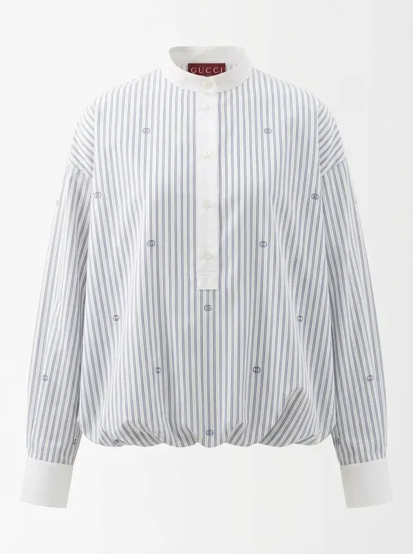 Gucci Striped Cotton Shirt With All-over Gg Motif - White, Blue