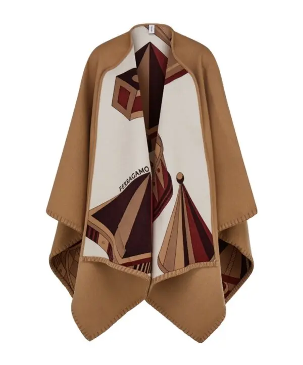 FERRAGAMO Nadir Print Reversible Cape - Bordeaux/camel