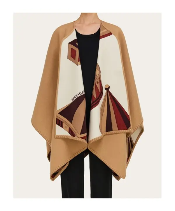 FERRAGAMO Nadir Print Reversible Cape - Bordeaux/camel