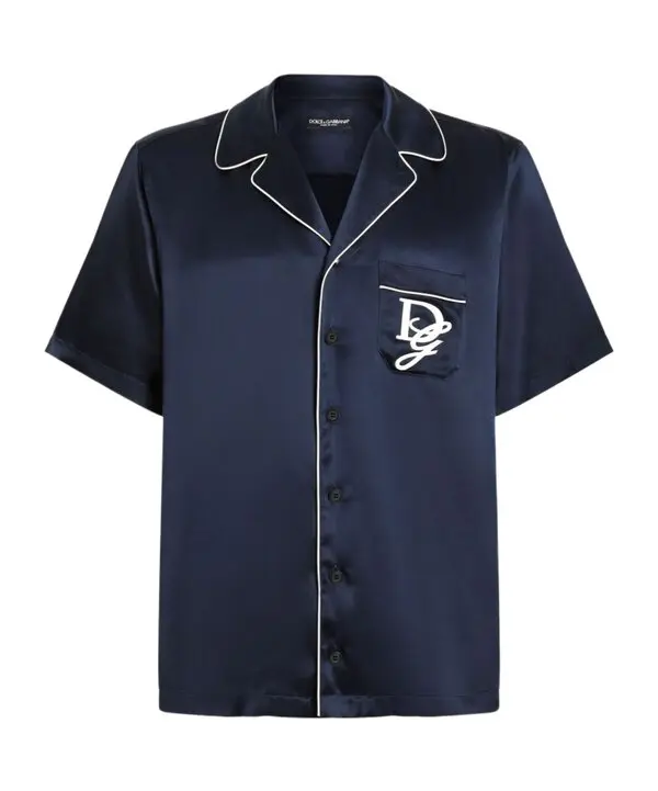 Dolce & Gabbana Dolce Gabbana Logo Embroidered Satin Shirt - Navy