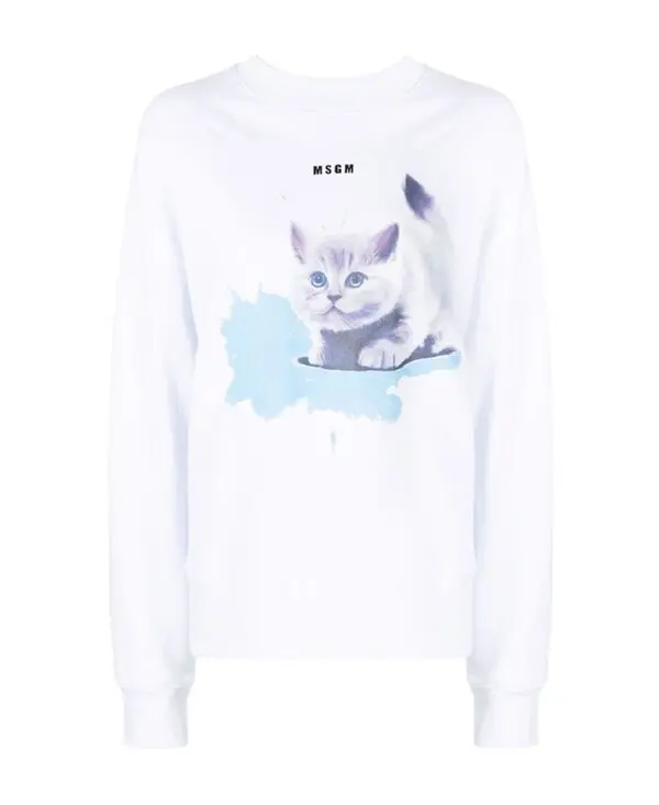 MSGM Kitten Print Crewneck Sweater - White