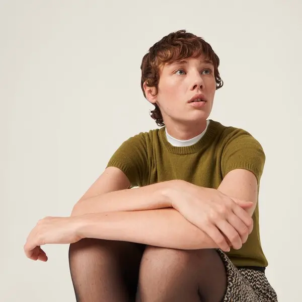 Miu Miu Logo Intarsia Knitted Short-sleeved Pullover - Green