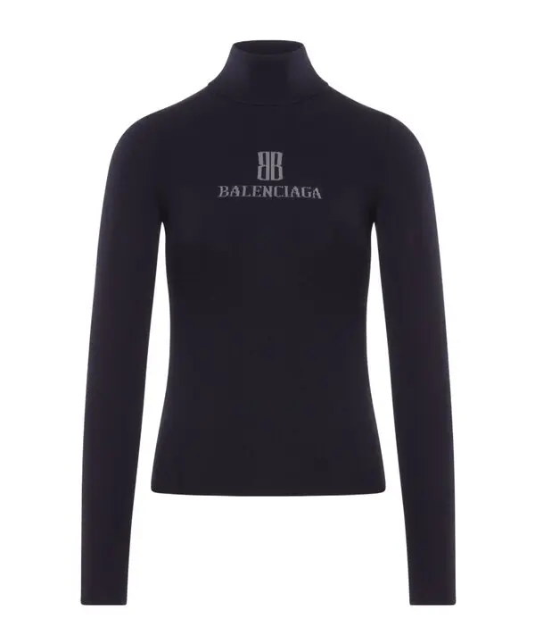 Balenciaga Logo Intarsia Turtleneck Knit Top - Black