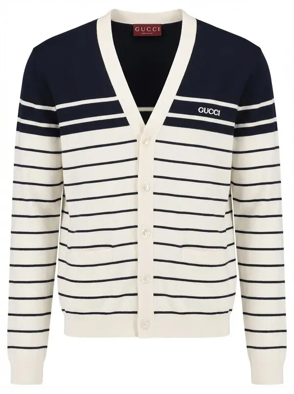 Gucci Striped V-neck Cardigan With Embroidered Logo - White