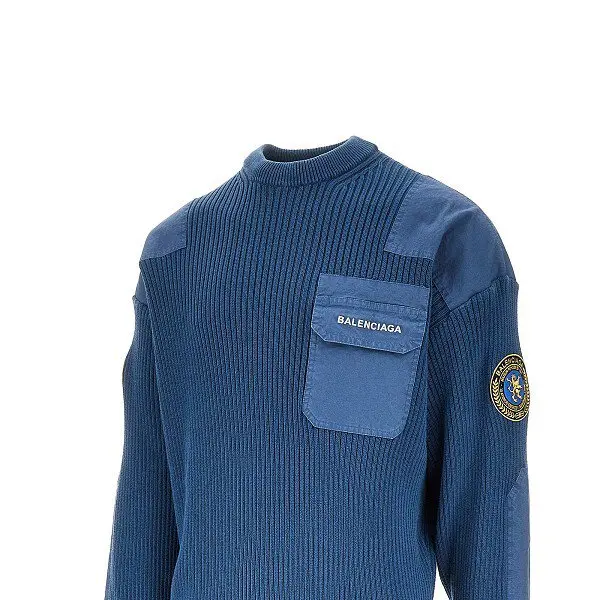 Balenciaga Knitted Jumper With Cuff Badge - Blue