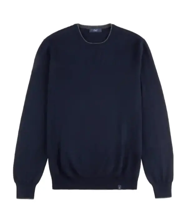 FAY Round Neck Jumper With Contrast Patch Detail - Blue