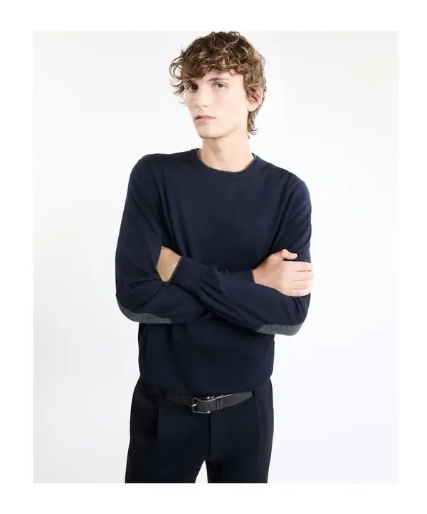 FAY Round Neck Jumper With Contrast Patch Detail - Blue
