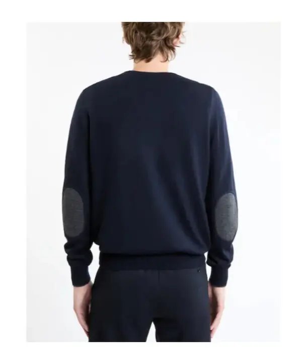 FAY Round Neck Jumper With Contrast Patch Detail - Blue