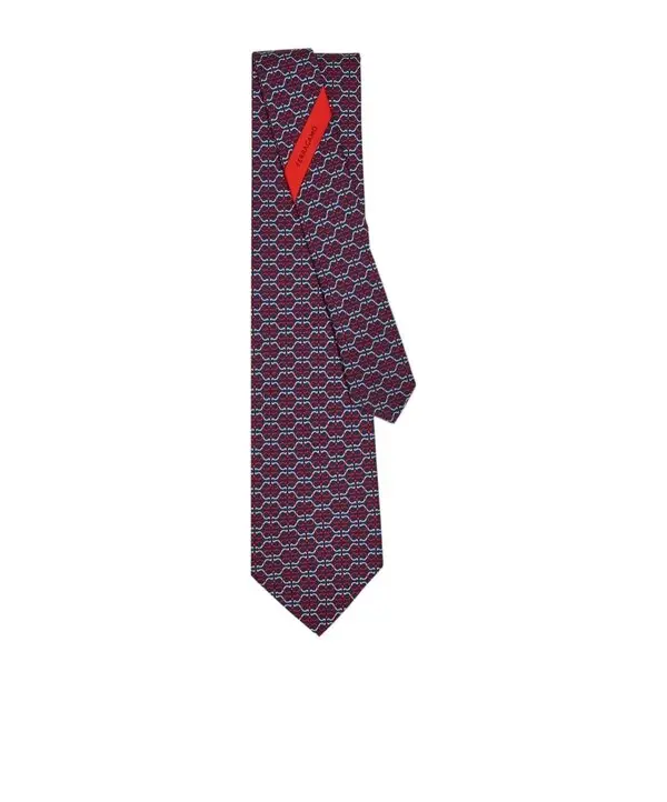 FERRAGAMO Gancini Printed Neck Tie - Navy/red