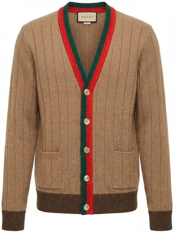 Gucci Web Stripe V-neck Ribbed Knit Cardigan - Nude
