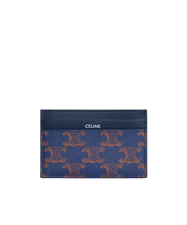 Celine Card Holder In Triomphe Canvas And Calfskin - Deep Navy