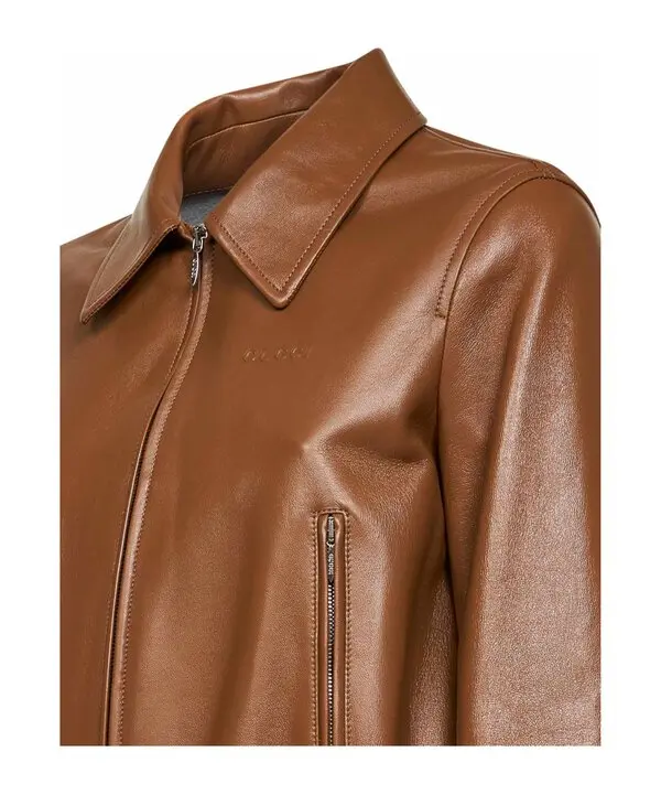 Gucci Collared Zip-up Leather Bomber Jacket