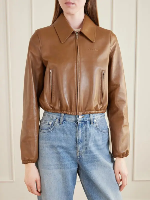 Gucci Collared Zip-up Leather Bomber Jacket